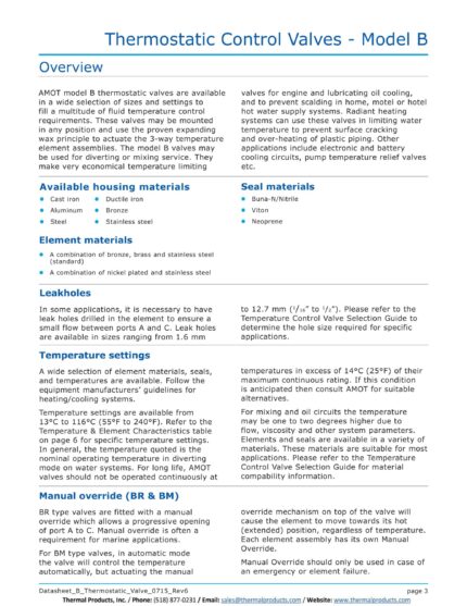 Model B Thermostatic Control Valves - Thermal Products